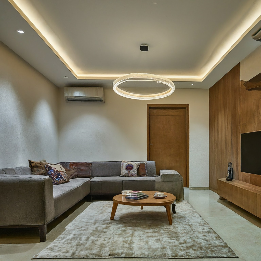 Modern Living Room False Ceiling with Recessed Lighting and Circular ...